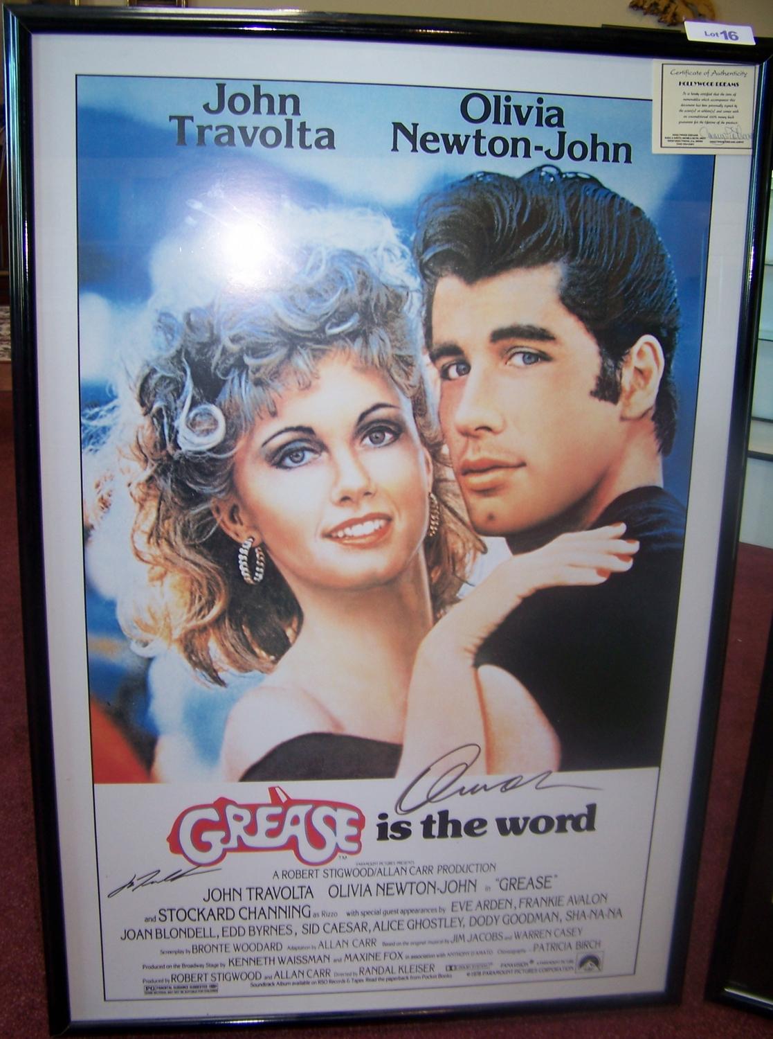 Original GREASE MOVIE POSTER. Signed BY John Travolta & Olivia Newton John