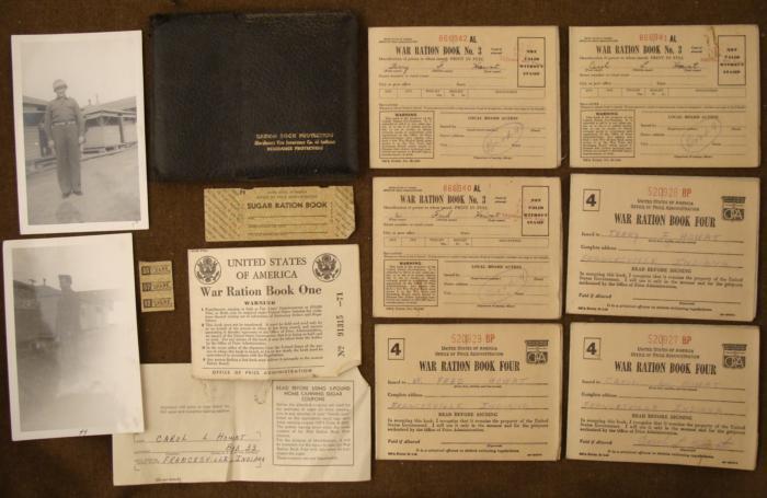 LOT WWII US RATION BOOKS, SHEETS, LEATHER BOOK, WALLET