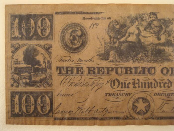 1839 $100 Republic of Texas Bank Note Bill