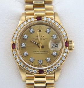 Rolex 18K Yellow Gold Diamond/Ruby Oyster Perpetual DateJust, Sapphire ...