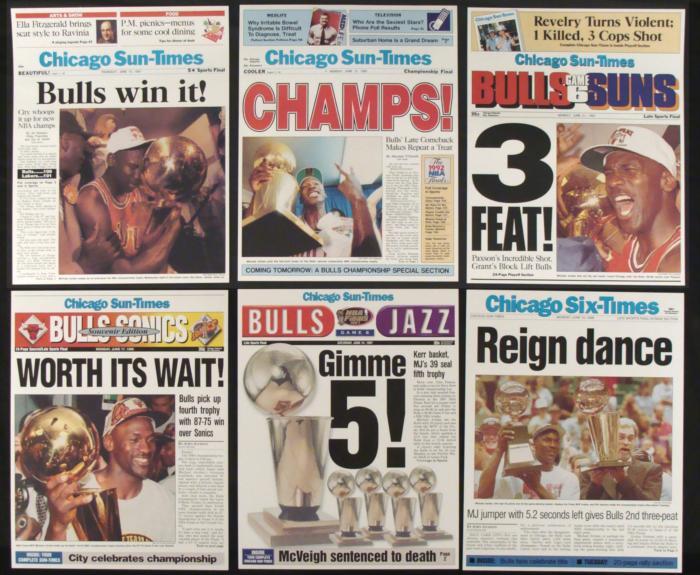 6 Chicago Bulls Championship Newspaper Cover Reprints