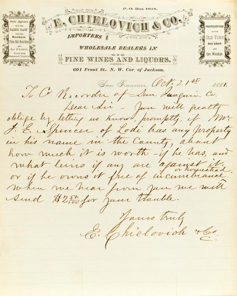 San Francisco,CA - Oct 21, 1881 - E. Chielovich & Co. Masthead Letter