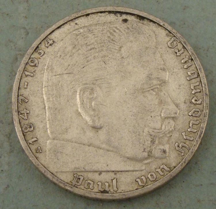 1937 SILVER NAZI 2 RM COIN- HINDENBURG, EAGLE, SWASTIKA