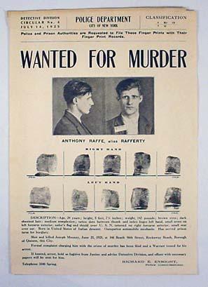 1925 WANTED FOR MURDER POSTER / NEW YORK POLICE DE