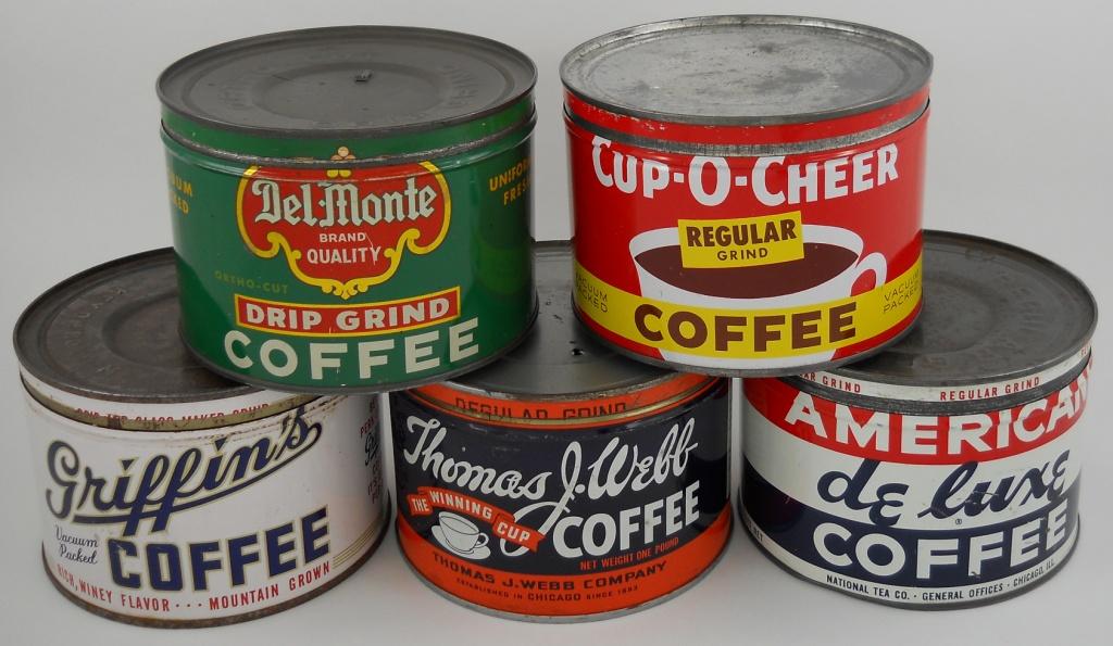 5 Assorted One-Pound Key-Wind Coffee Cans