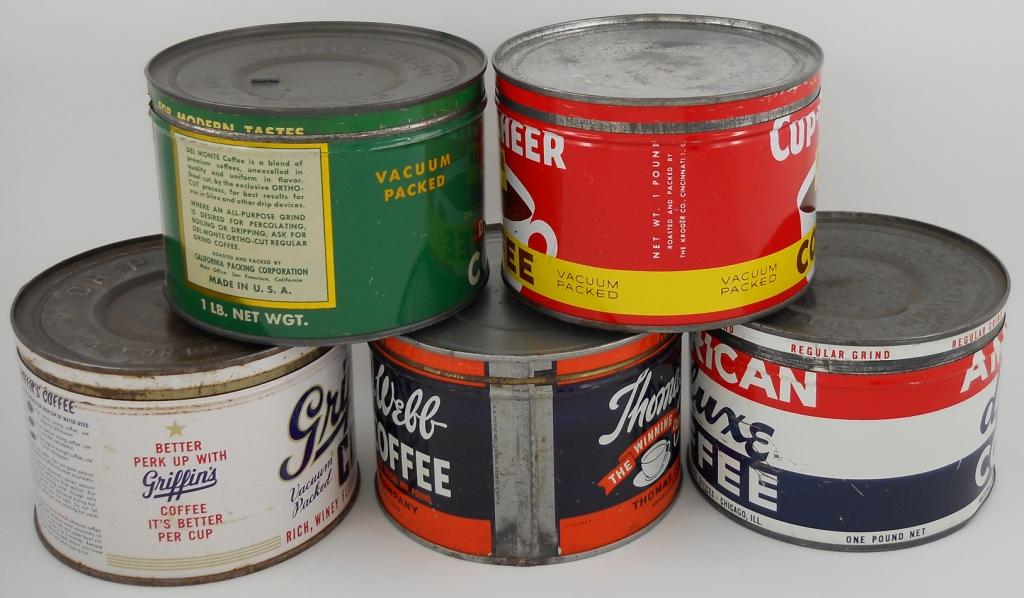 5 Assorted One-Pound Key-Wind Coffee Cans