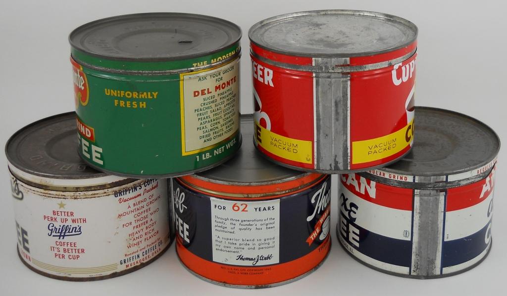 5 Assorted One-Pound Key-Wind Coffee Cans