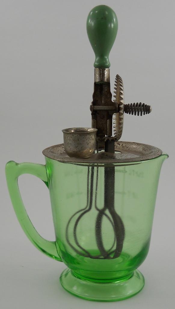 Green Depression Glass A & J Beater Mixer and Handled Bowl