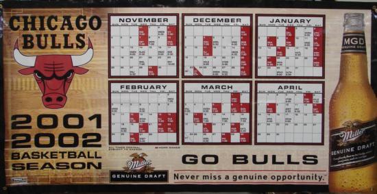 Chicago Bulls Season Schedule Banner Sign 2001-2002