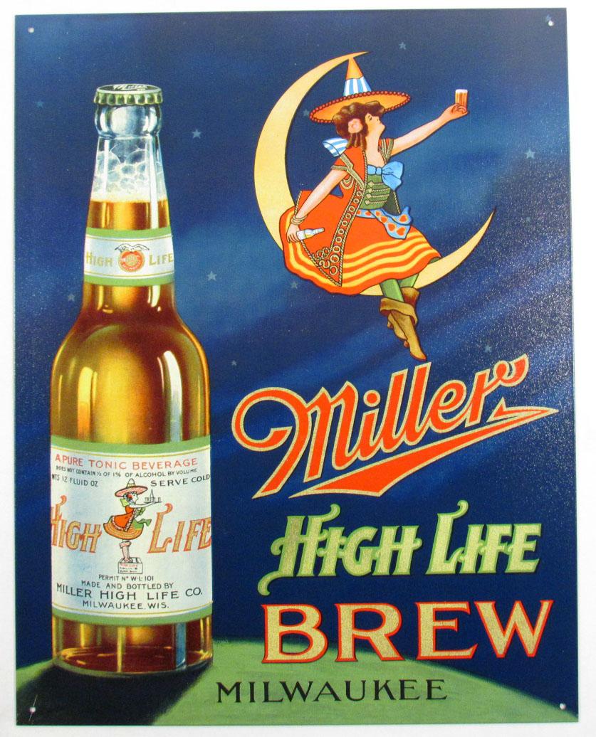 MILLER HIGH LIFE MOON LADY METAL ADVERTISING SIGN