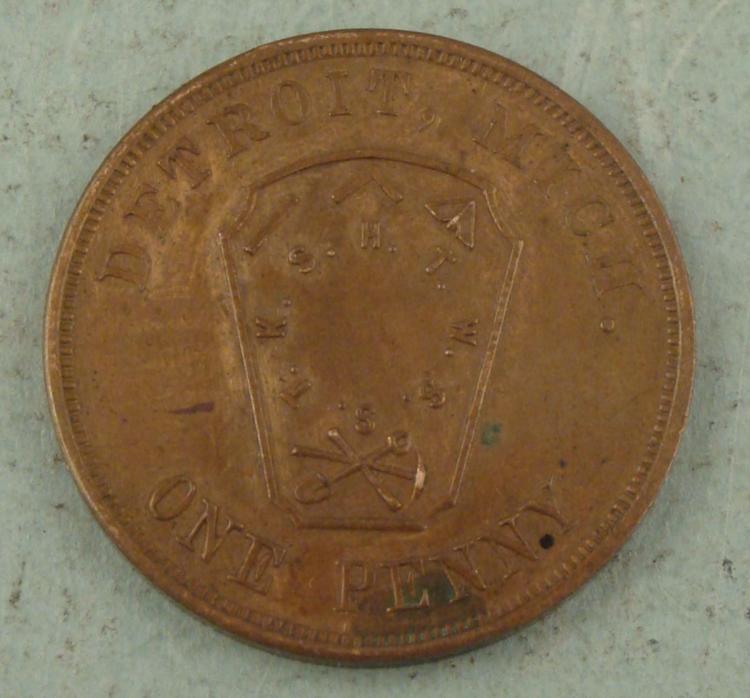1818 Masonic One Penny Token Monroe Ch. Detroit Mich.