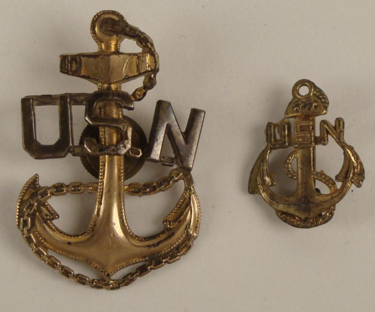 TWO WWII U.S. NAVY FOULED ANCHOR INSIGNIA DEVICES