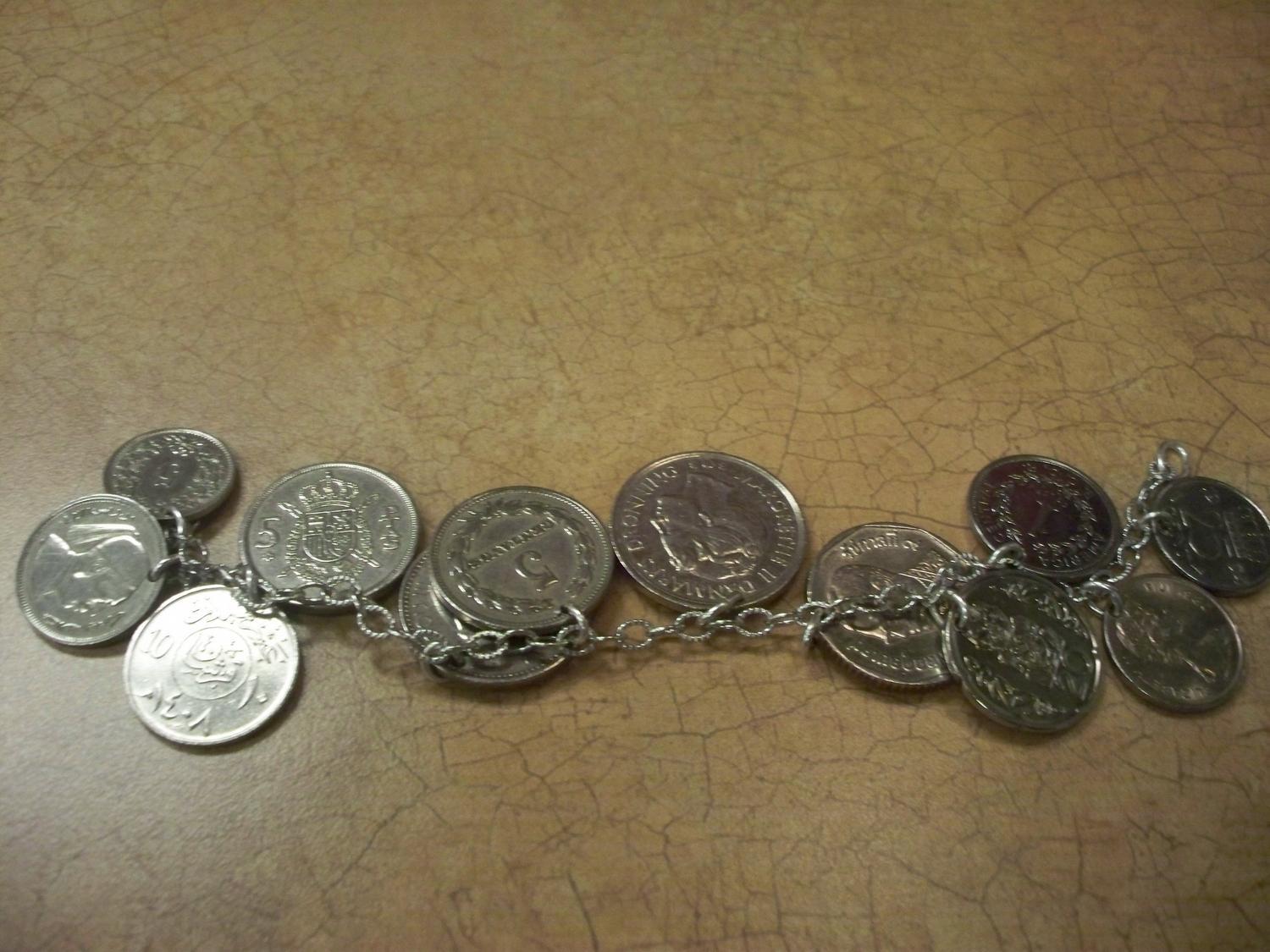 Silver Coin Bracelet W/Foreign Silver Coins, Approx 12 Coins