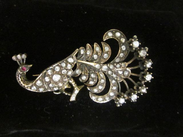 Antique 14kt gold diamond peacock brooch