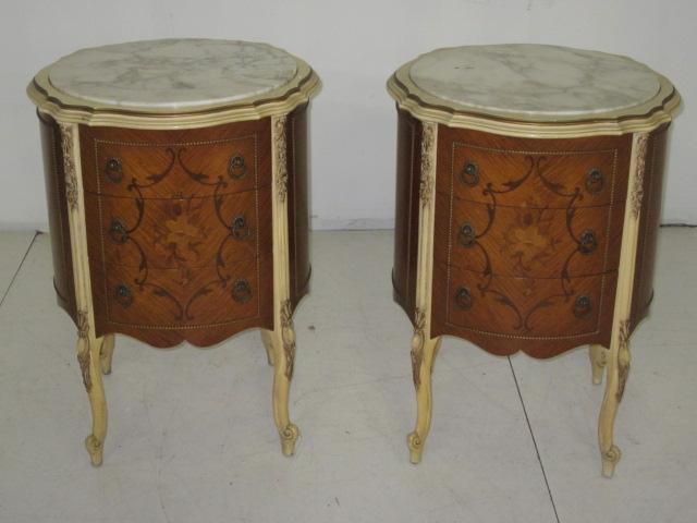 Pair marble top inlaid round night stands