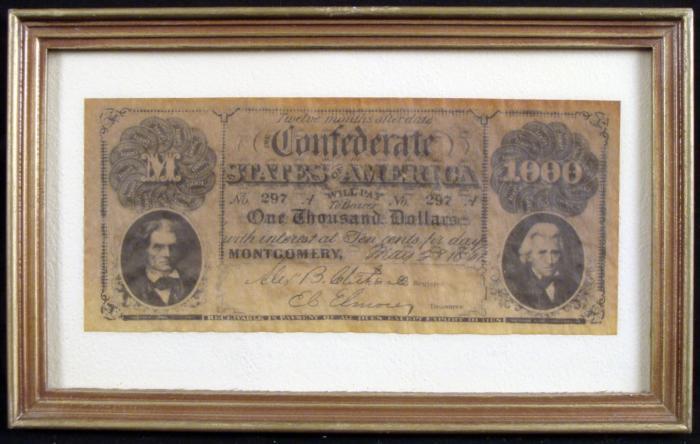 1861 $1000 CSA Confederate States Calhoun/ Jackson Note