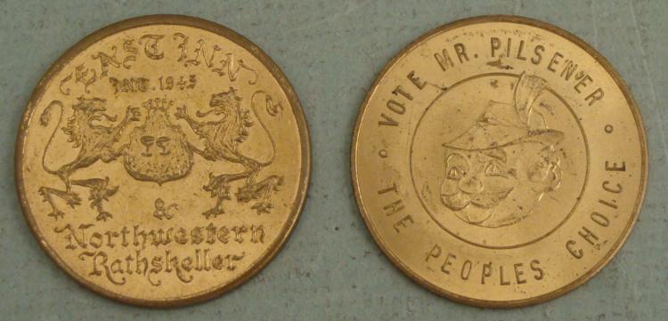 2 Old Pilsener East Inn Beer Garden Bar Tokens Gold Tn