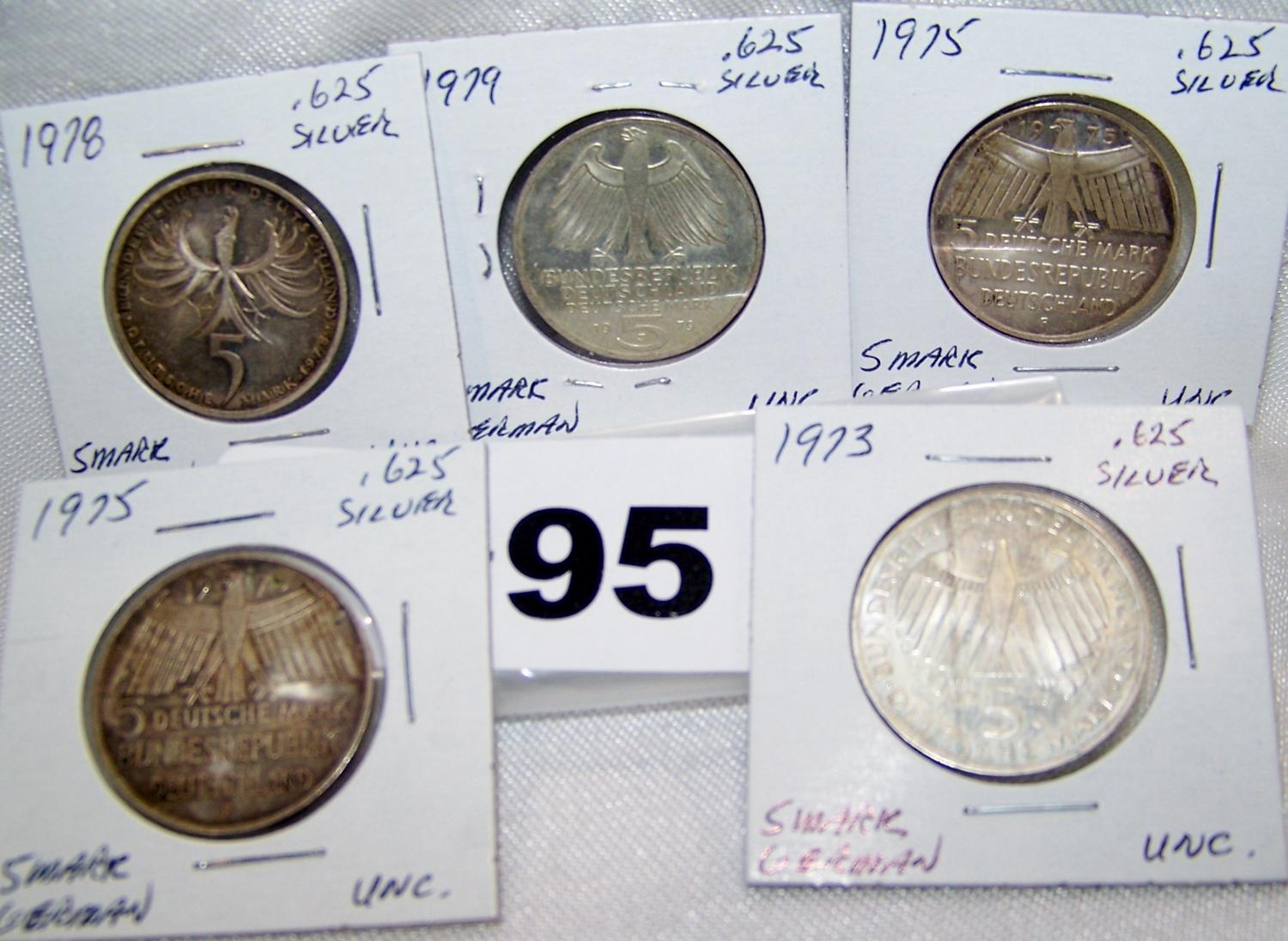 (5x$) GERMAN 5 MARK .625 SILVER-UNC 1973,(2)1975,1978,1979