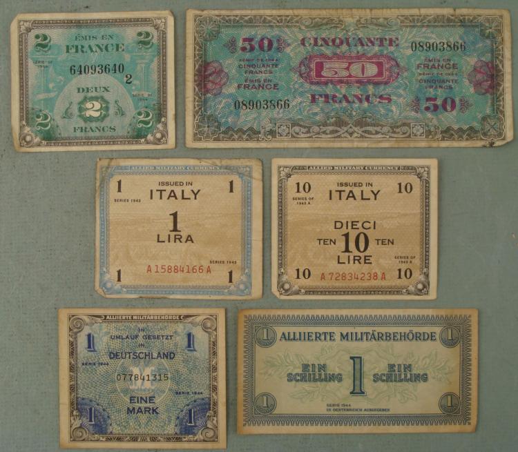 6 Paper WWII Invasionary Money 1944, France, Italy