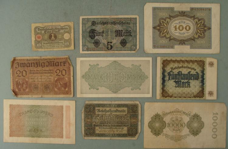 9 Diff Denominations Old German Paper Money 1917-1923