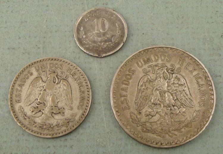 3 Old Mexico Silver Coins Peso, Centavos 1892-1920