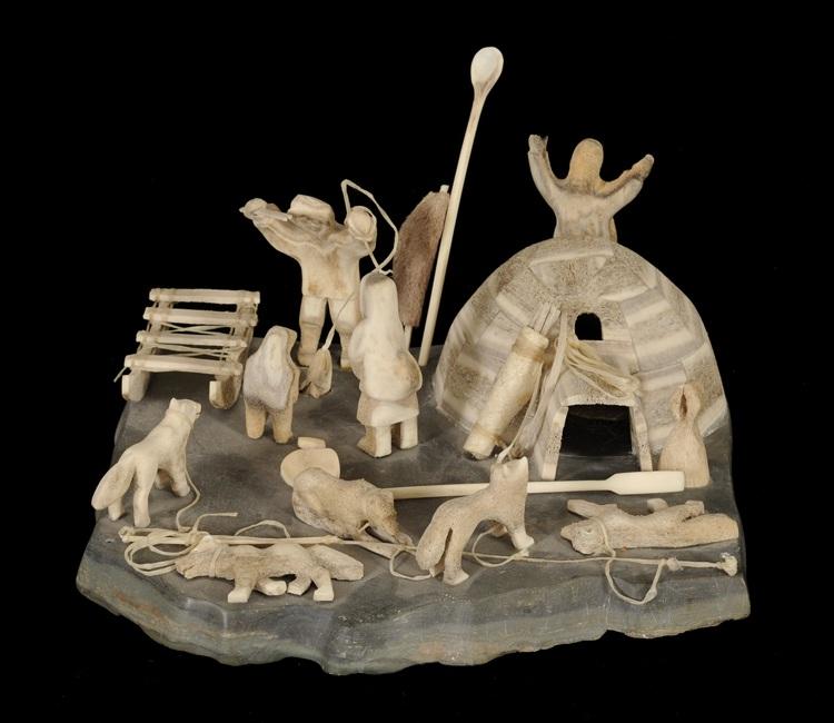 Inuit Scene with Carved Antler Igloo, Sled Dogs, Hunter and Family 9" L ...