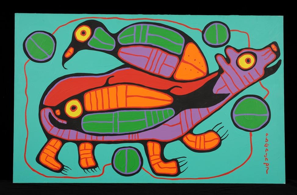 Norval Morrisseau Original Painting on Canvas of a Bear, Bird and Fish ...