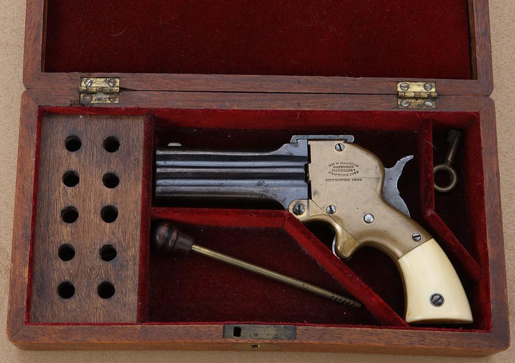 Cased Marston three barrel derringer, .32 cal., 3” barrels, blue finish ...