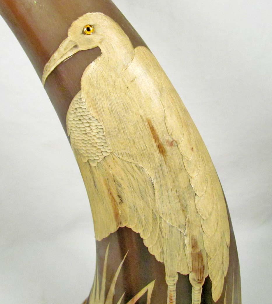 VINTAGE CARVED HORN MOUNTED ON WOOD BASE - SIGNED - POSS. RHINO