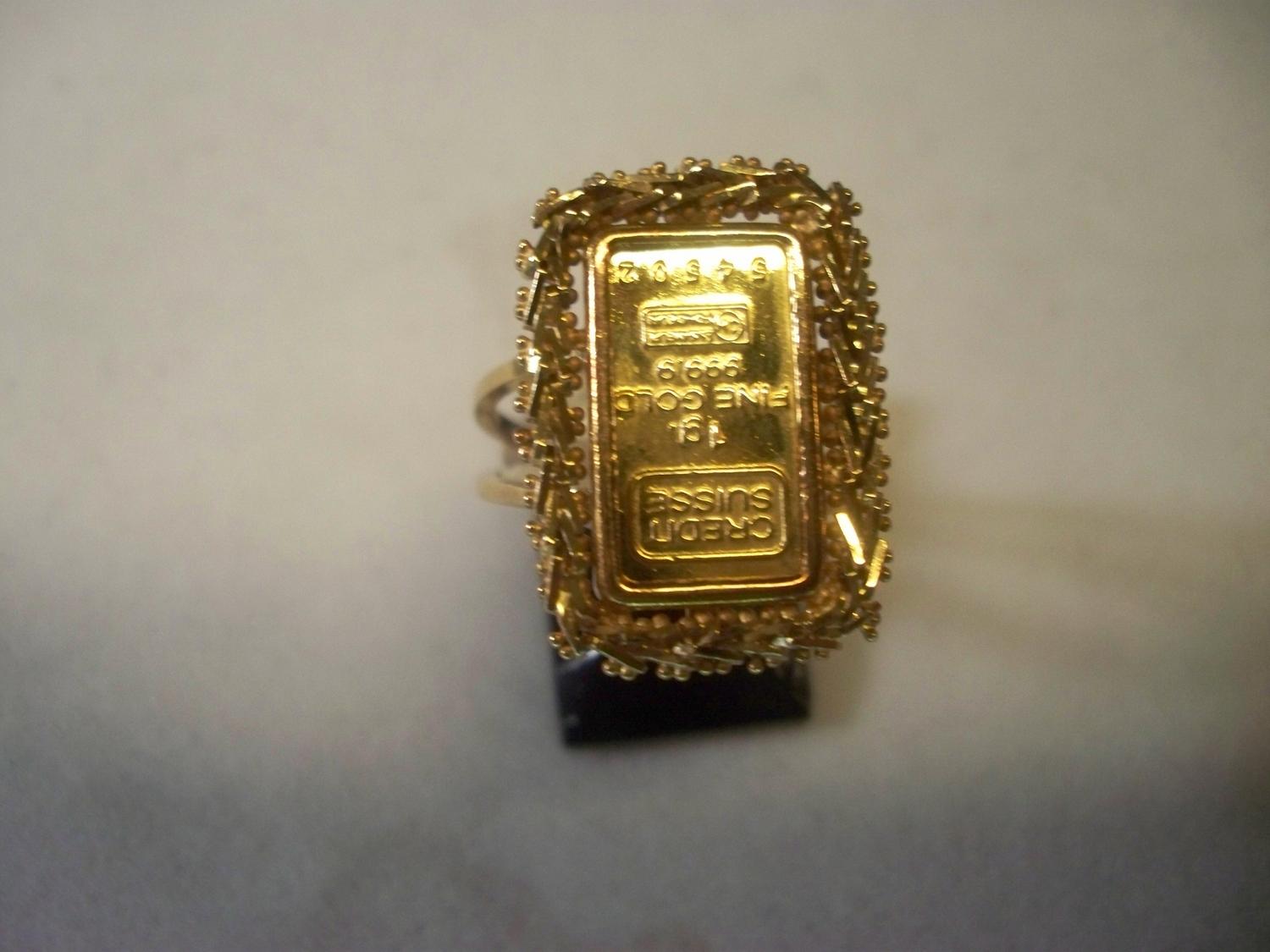1g Credit Swiss 24K Gold Ingot in 10K Gold Ring