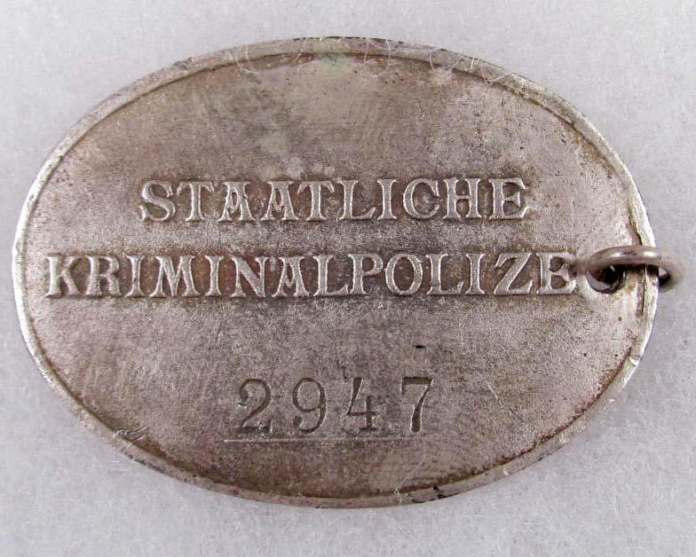 WW2 GERMAN NAZI STAATLICHE KRIMINALPOLIZE NO. 2947 SECRET POLICE ID TAG