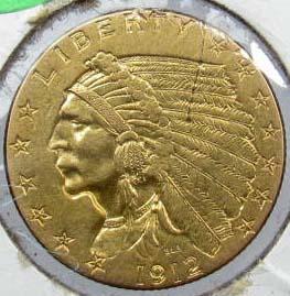 1912 TWO AND A HALF DOLLAR INDIAN HEAD GOLD COIN - AU