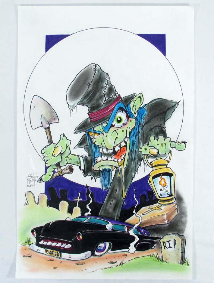 ORIGINAL GRAVE DIGGER HOT ROD INK DRAWING / AIRBRUSH PAINTING BY BEN ...