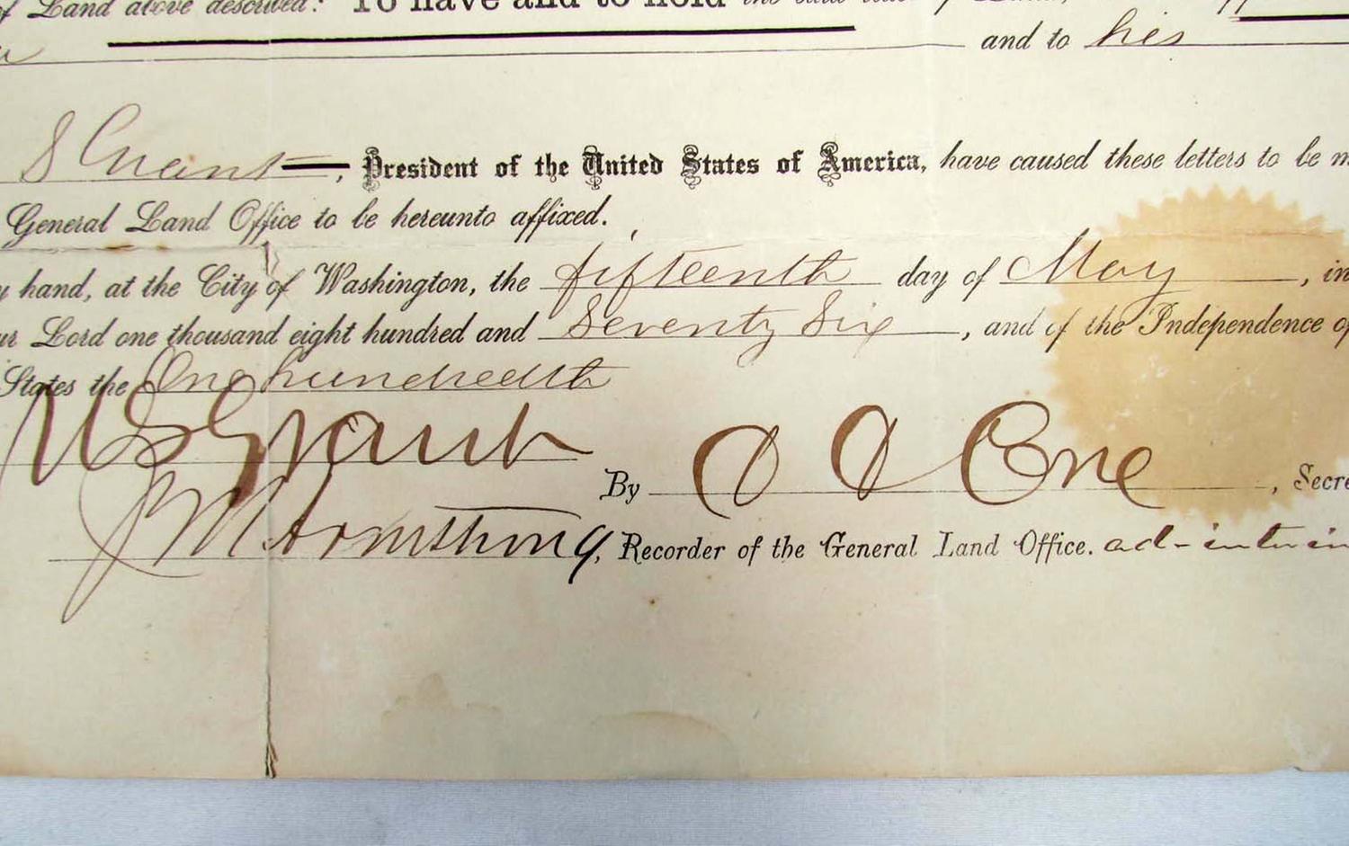1941 US LAND GRANT SIGNED BY PRESIDENT ULYSSES S. GRANT'S SECRETARY