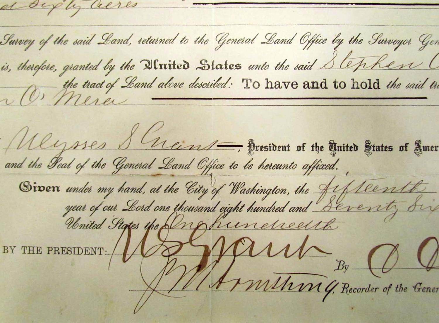 1941 US LAND GRANT SIGNED BY PRESIDENT ULYSSES S. GRANT'S SECRETARY