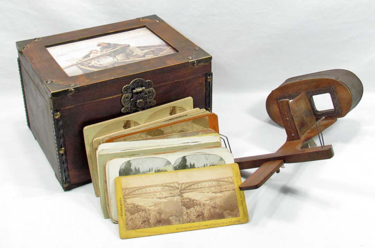 STEREOPTICON VIEWER W/ APPROX. 30 STEREOVIEW CARD PHOTOS AND STORAGE BOX