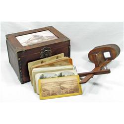 STEREOPTICON VIEWER W/ APPROX. 30 STEREOVIEW CARD PHOTOS AND STORAGE BOX