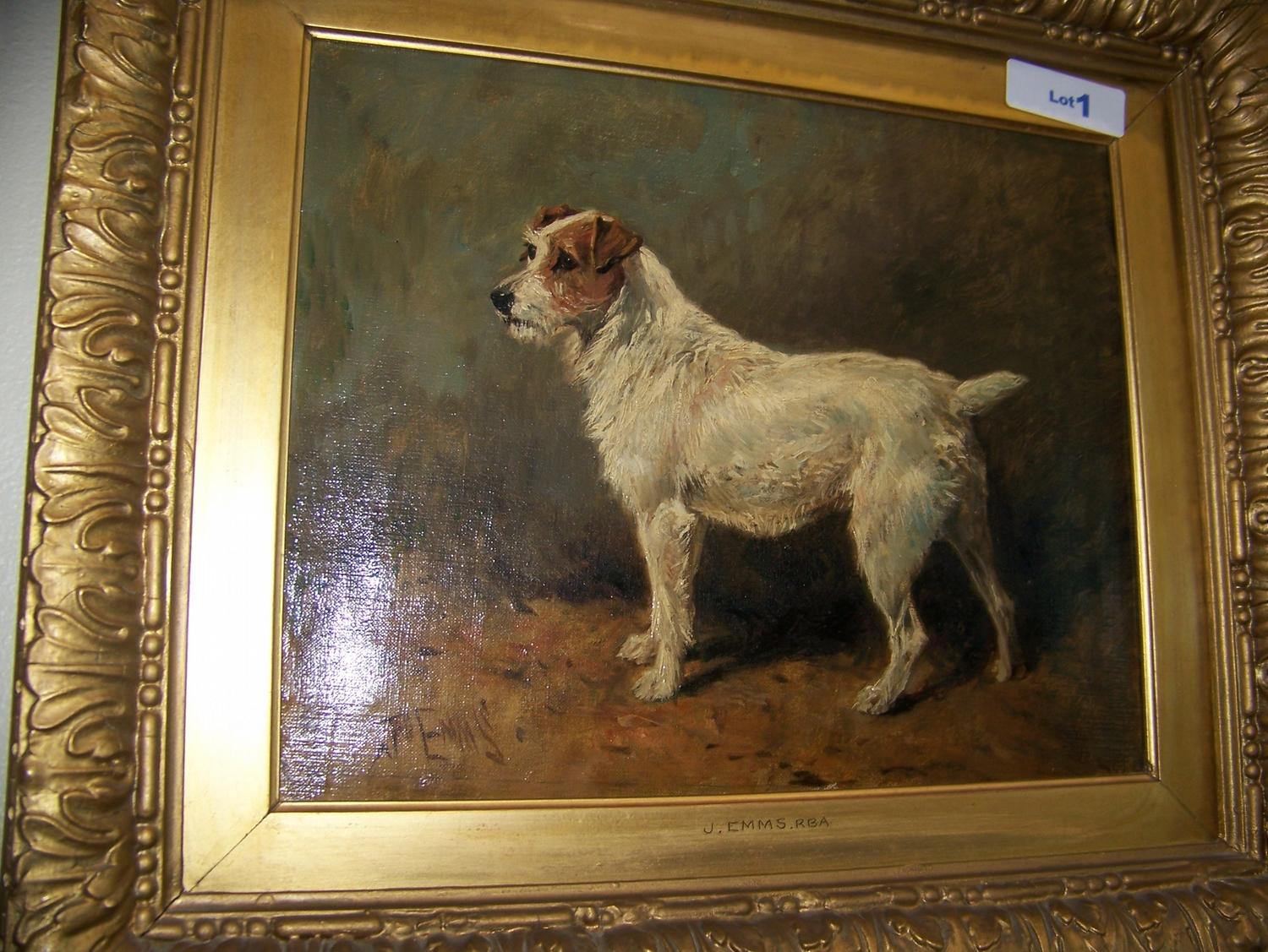 John . Emms (1843-1912) A Jack Russell Terrier. Antique Oil on Canvas.