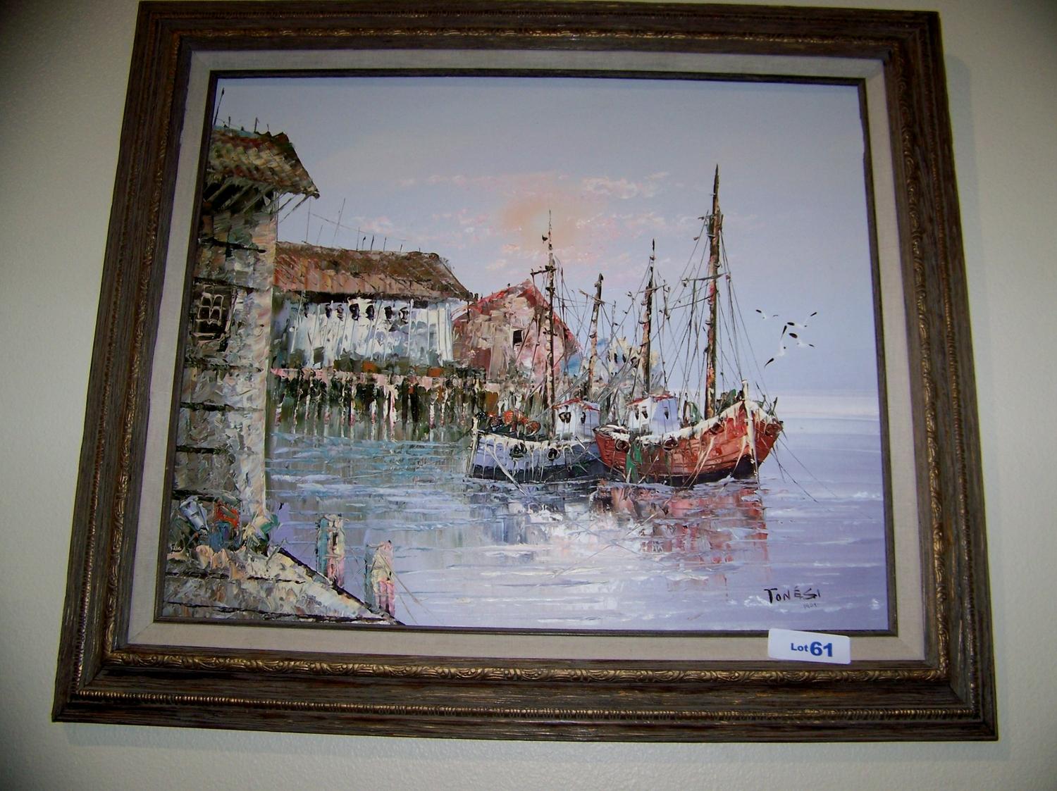Vintage Oil on canvas painting signed Tonesi Ships at harbour nicely ...