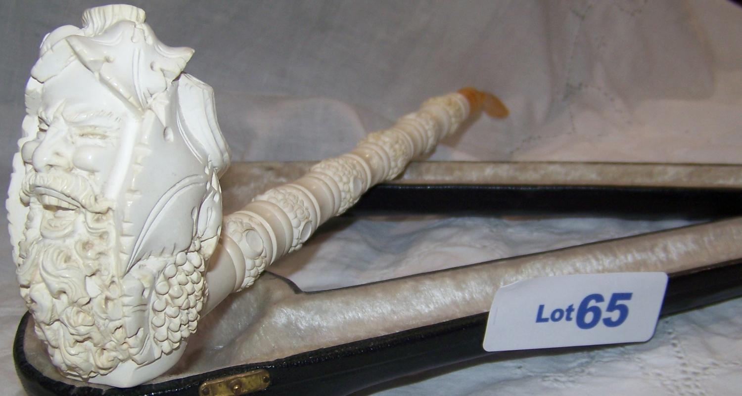 HAND CARVED IVORY PIPE IN CUSTOM CASE. 16.5 IN Length ornately carved ...