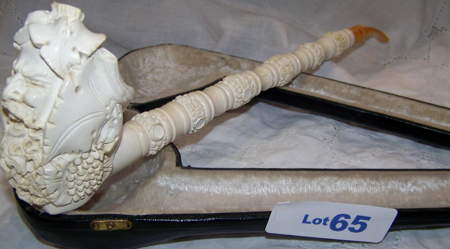 HAND CARVED IVORY PIPE IN CUSTOM CASE. 16.5 IN Length ornately carved ...