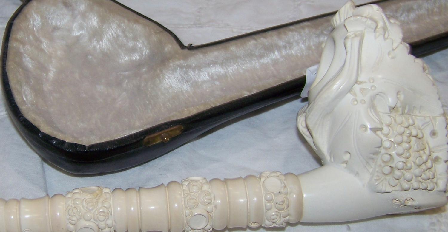 HAND CARVED IVORY PIPE IN CUSTOM CASE. 16.5 IN Length ornately carved ...