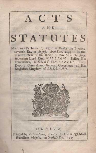 1695: Penal Laws Irish parliament acts and statutes publication