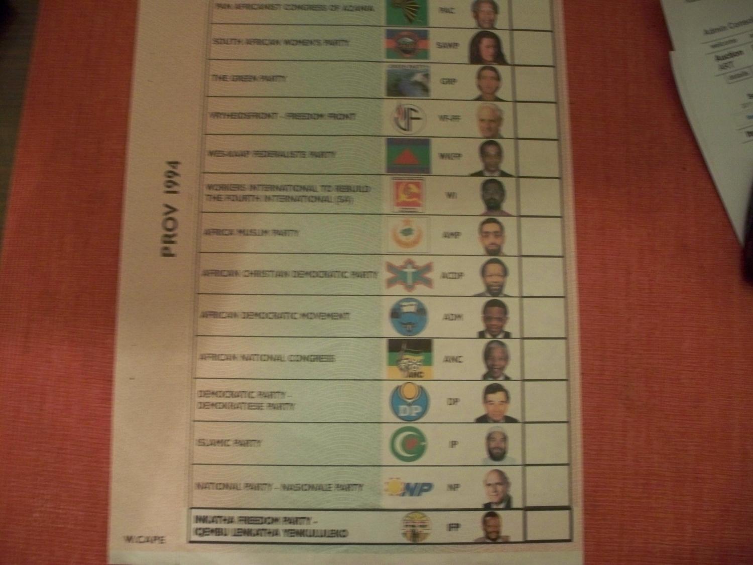 1994 Original South African Ballot Form-First Multiracial Elections W ...