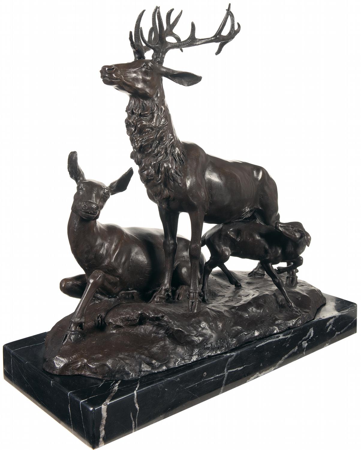 P.J. Mene Signed Red Stag Family Bronze Sculpture