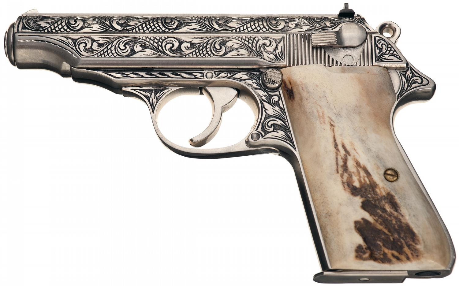 Signed Custom Engraved Walther PP Semi-Automatic Pistol with Stag Grips