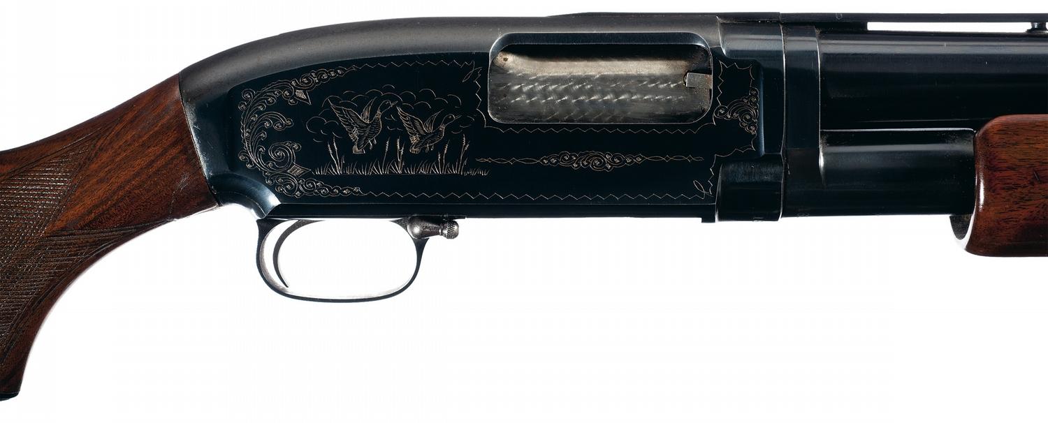 Custom Engraved Winchester Model 12 Slide Action Shotgun with Mutton Case