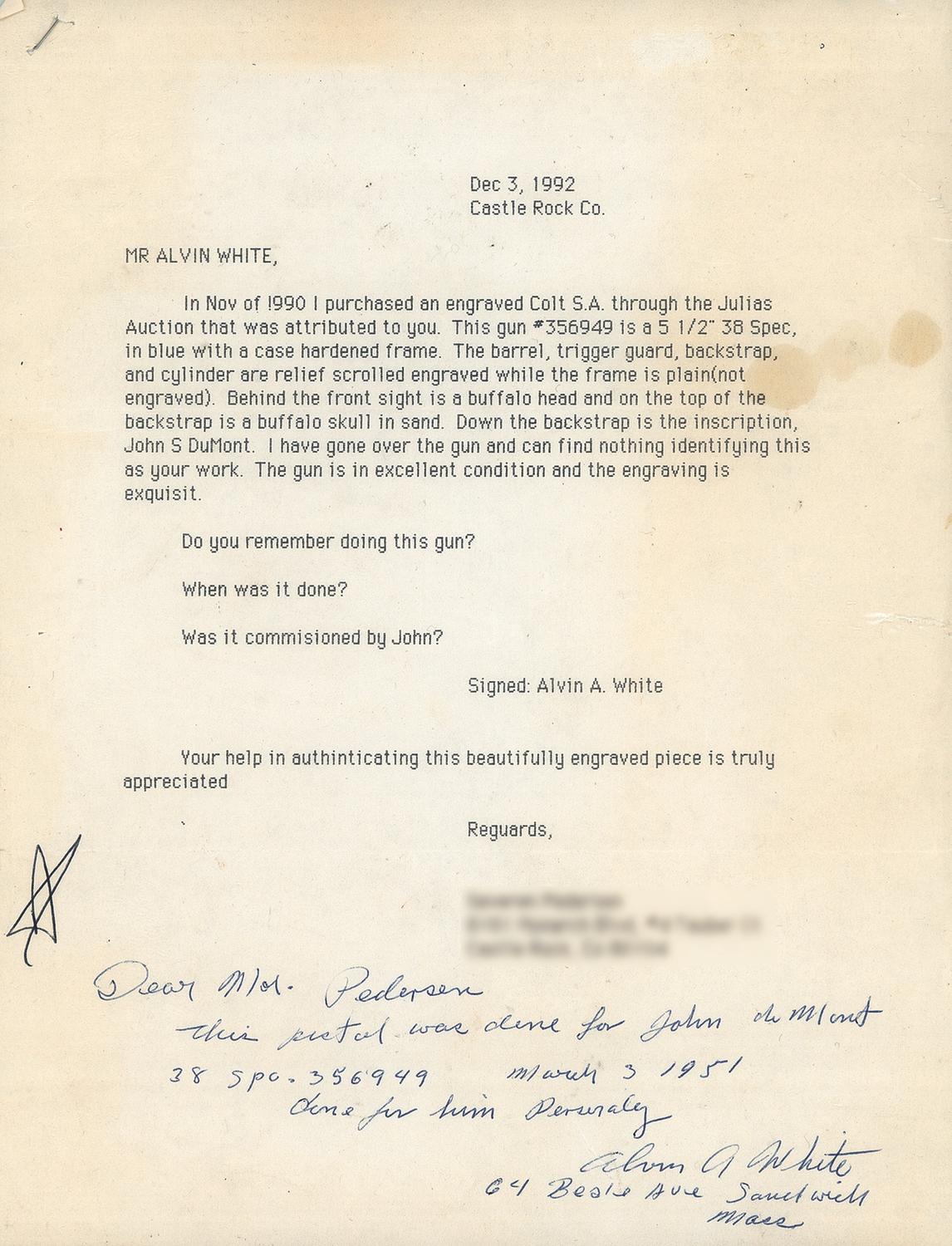 Inscribed Alvin White Engraved Gold Inlaid Pre-War Colt Single Action ...