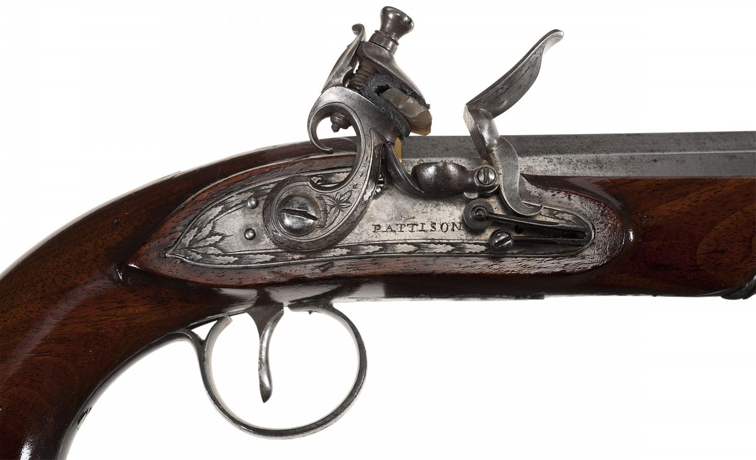Attractive Pair of Gold Banded Irish Traveling Flintlock Pistols