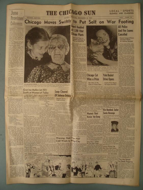 FULL CHICAGO SUN NEWSPAPER DEC 8, 1941 PEARL HARBOR